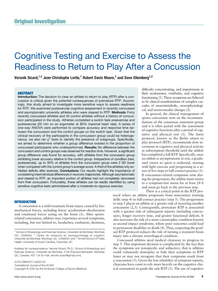 Cognitive Testing and Exercise To Assess The.6 | PDF | Concussion ...