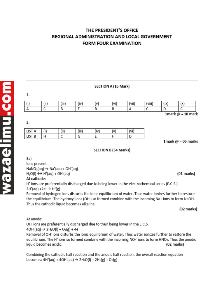 CHEMISTRY 1 2024 MARKING SCHEME | PDF | Mole (Unit) | Fertilizer