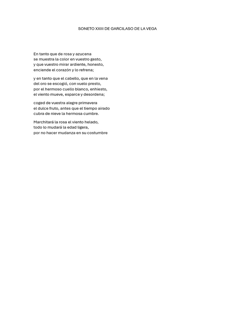 Soneto Xxiii de Garcilaso de La Vega | PDF | Poesía