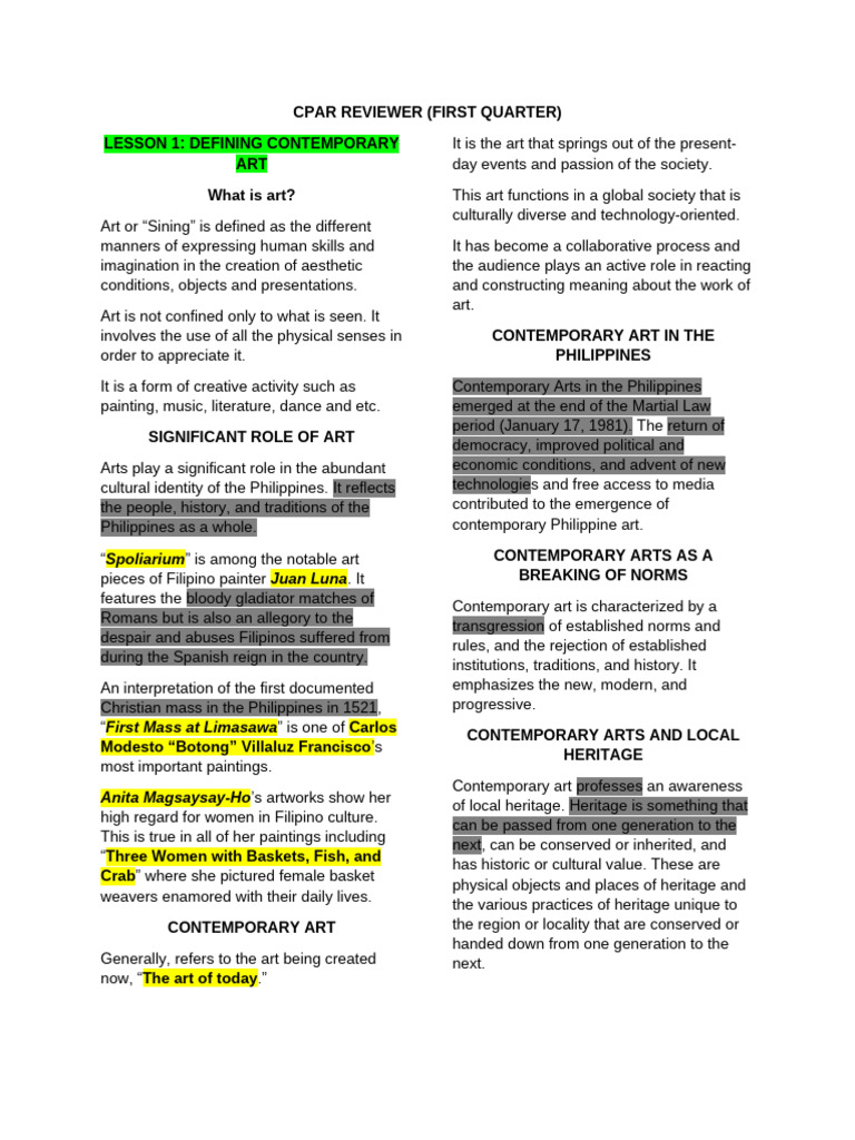 Cpar Reviewer First Quarter | PDF | The Arts | Image
