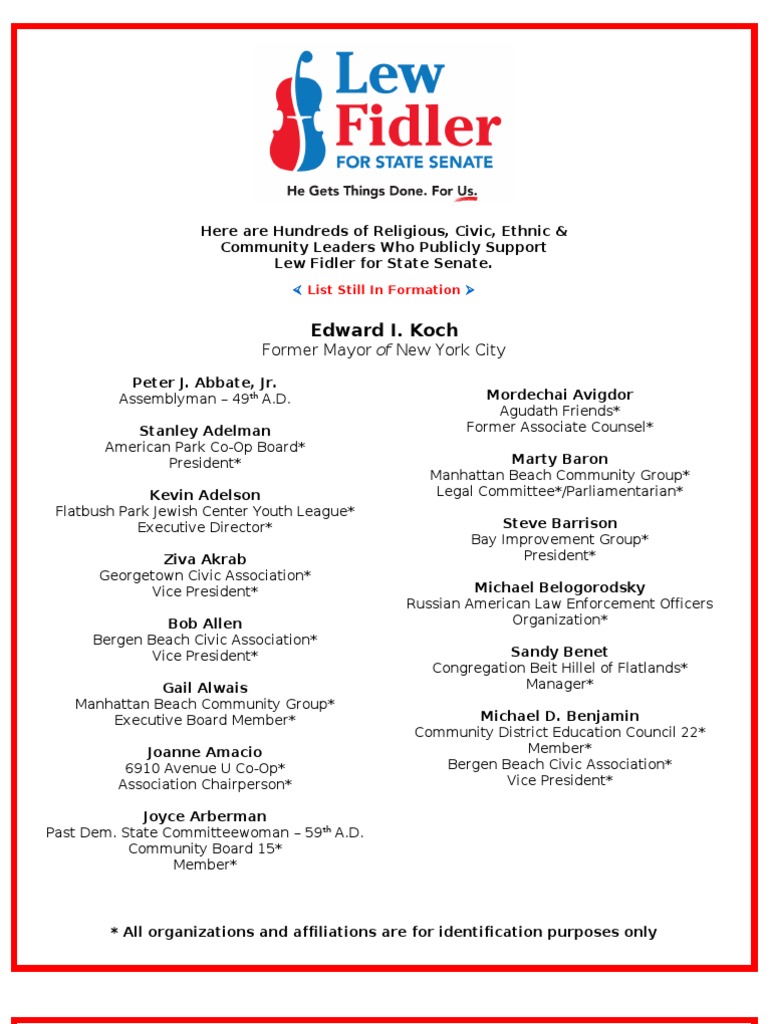 Hundreds of Community Leaders Support Councilman Lew Fidler For State ...