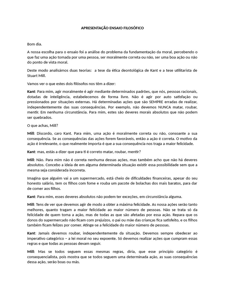 Apresentação Ensaio Filosófico | PDF | Immanuel Kant | Moralidade