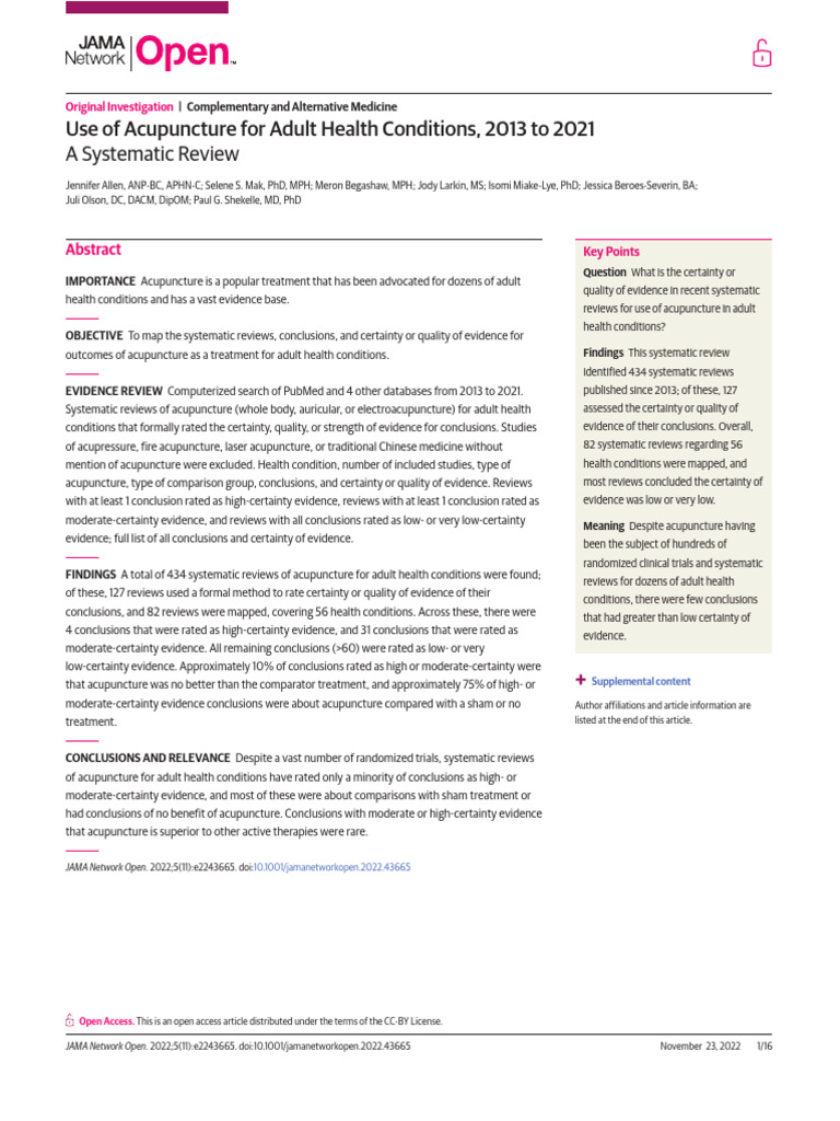 Allen 2022 Oi 221230 1668537399.79256 | PDF | Systematic Review | Acupuncture