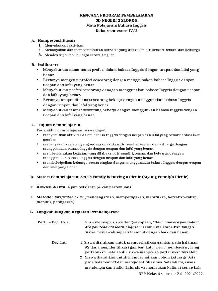 RPP K13 Bahasa Inggris Kelas 4 Semester 2 2021 | PDF
