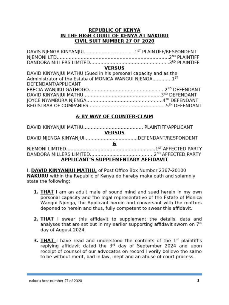 Kenya High Court Civil Suit 27/2020 | PDF | Affidavit | Justice
