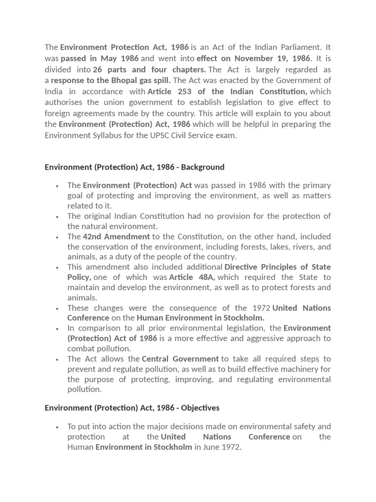 Environment (Protection) Act, 1986 - Background | PDF | Environmental ...