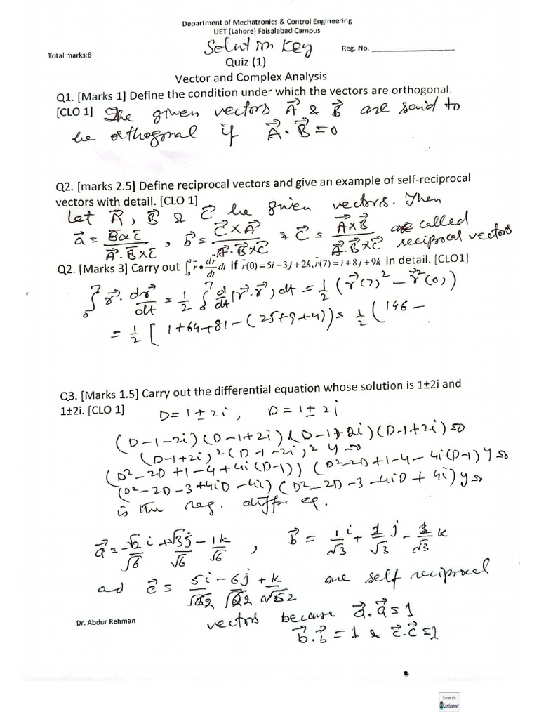 Quiz 1 Vector Answer Key | PDF