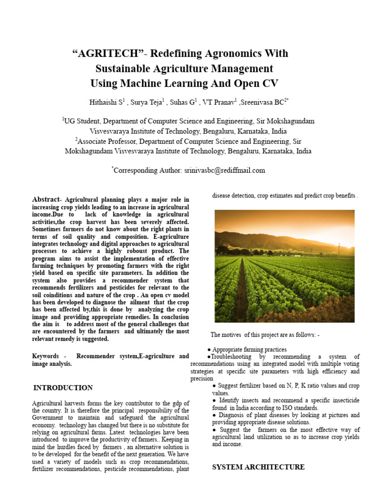 "AGRITECH"-Redefining Agronomics With Sustainable Agriculture Management Using Machine Learning ...