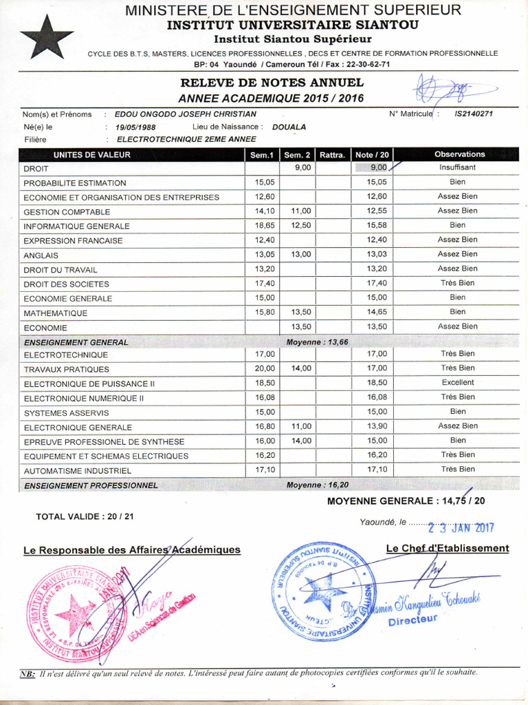 relevé de note 2 éme année | PDF