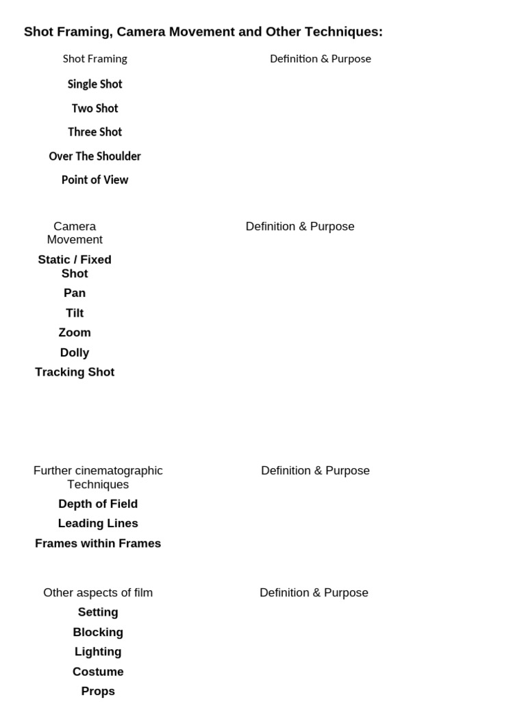 Shot Framing, Camera Movement and Other Techniques | PDF
