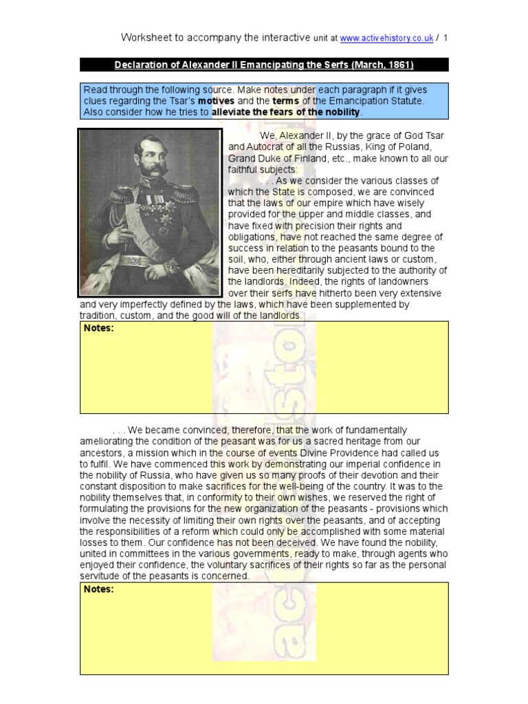 Worksheet To Accompany The Interactive: Declaration of Alexander II ...