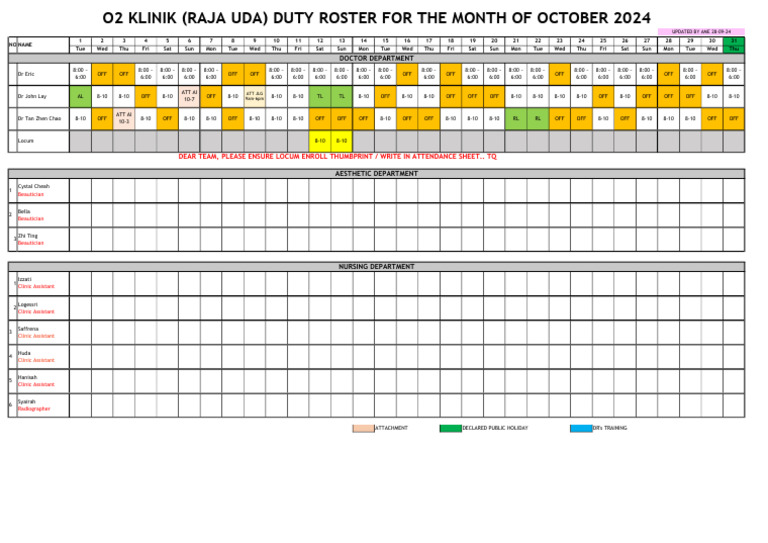 O2 Klinik (Raja Uda) October'24 Duty Roster | PDF