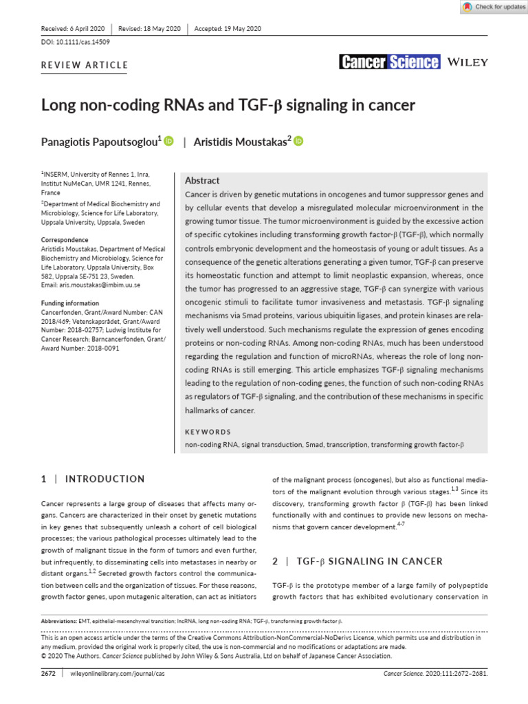 Cancer Science - 2020 - Papoutsoglou - Long Non Coding RNAs and TGF Signaling in Cancer | PDF ...