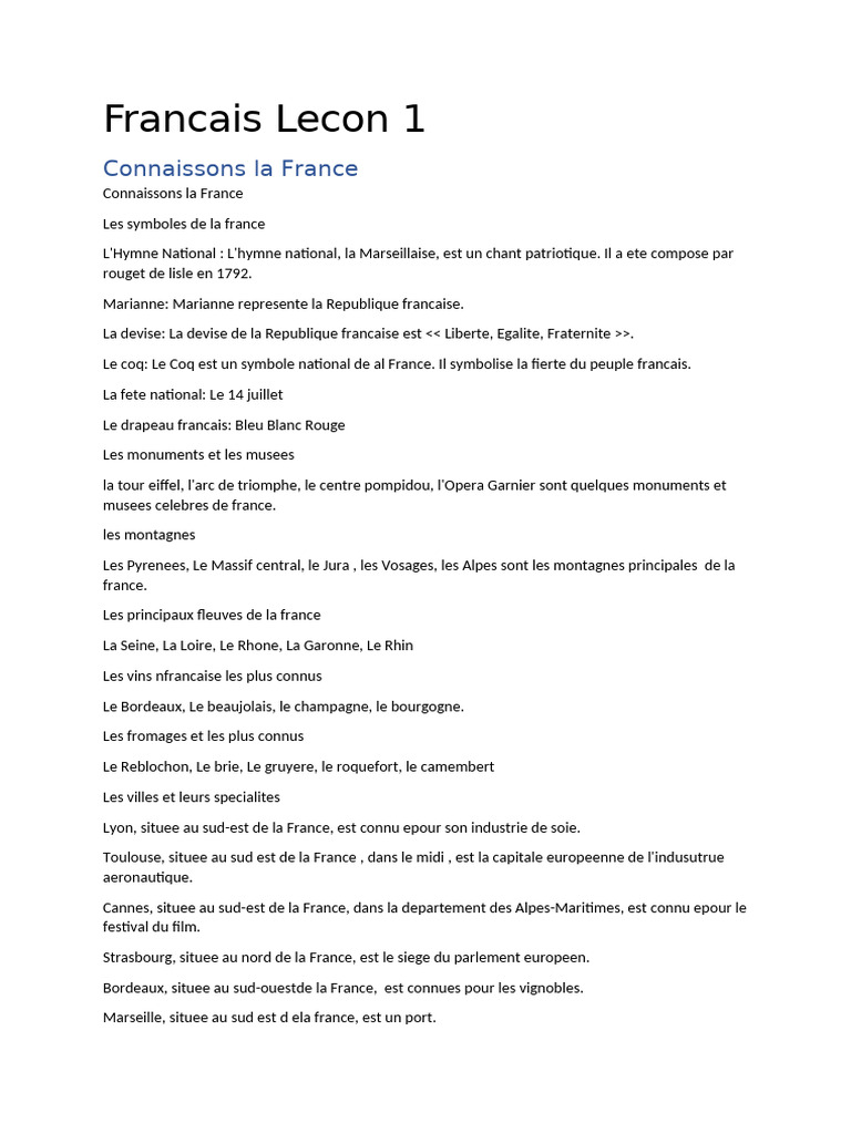 Francais Lecon 1 | PDF | France