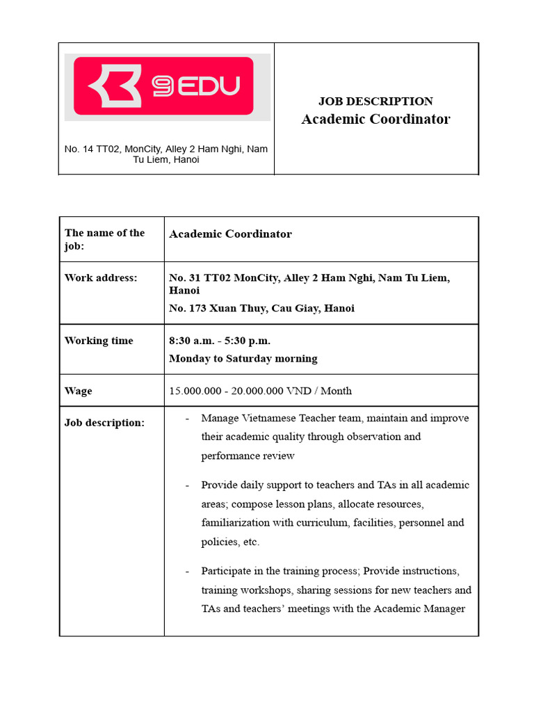 JD_Academic Coordinator_9EDU | PDF | Teachers | Salary