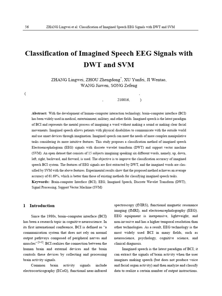 Classification Of Imagined Speech Eeg Signals With Dwt And Svm Pdf