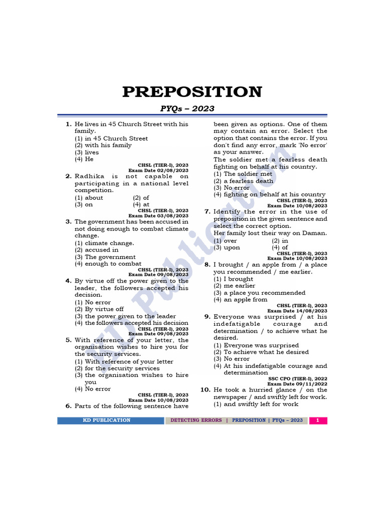 Preposition (Pyq-2023) | PDF | Preposition And Postposition | Semantic Units