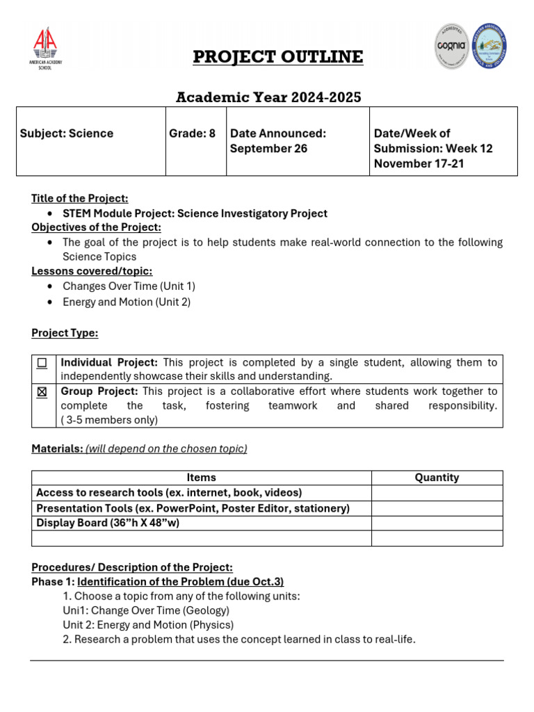 Grade 8 STEM Group Project Guide | PDF | Science | Creativity