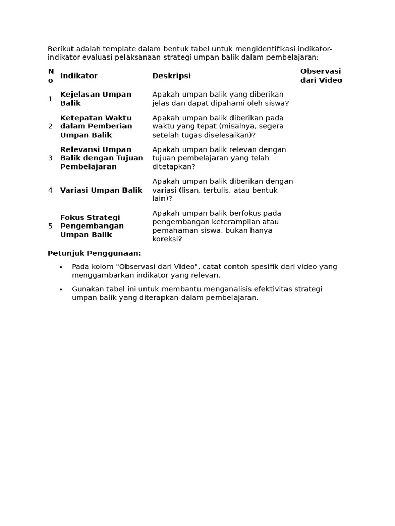 Berikut Adalah Template Dalam Bentuk Tabel Untuk Mengidentifikasi ...