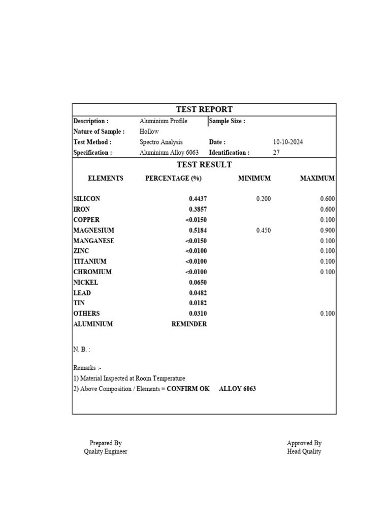 Aluminium Alloy 6063 Test Certificate | PDF