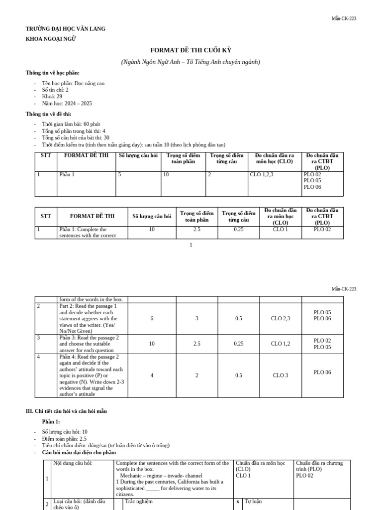 K29 - Format CK - HK241 - (Thi) - Doc Nang Cao | PDF