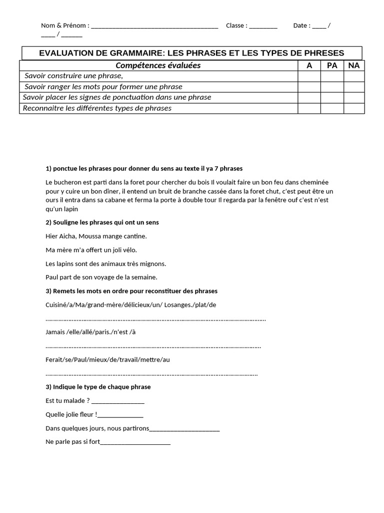 Évaluation de grammaire des phrases | PDF | Maison et jardin