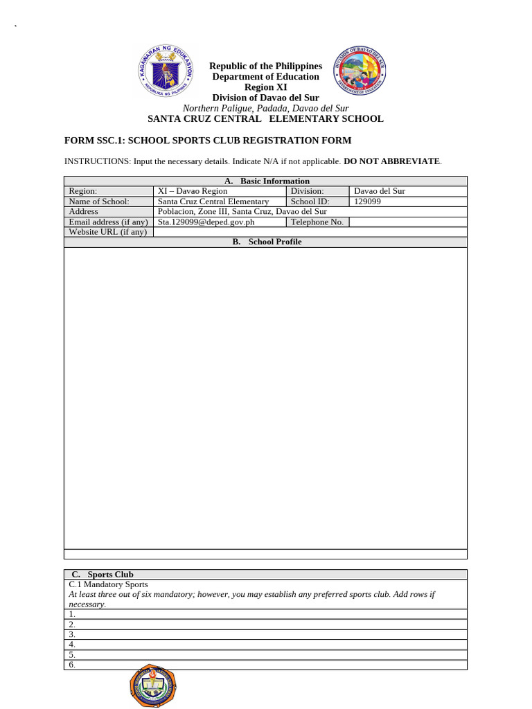 Sports Club Registration Form Central | PDF
