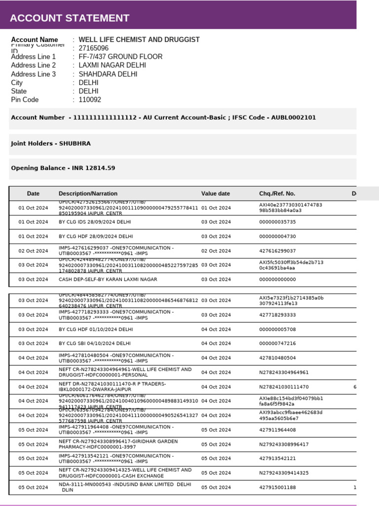 Account Statement: Well Life Chemist and Druggist | PDF | Debits And ...