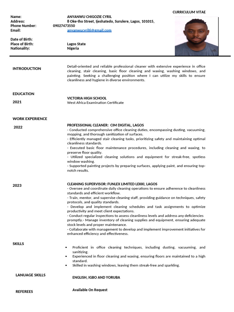 Professional Cleaner CV | PDF | Vacuum Cleaner