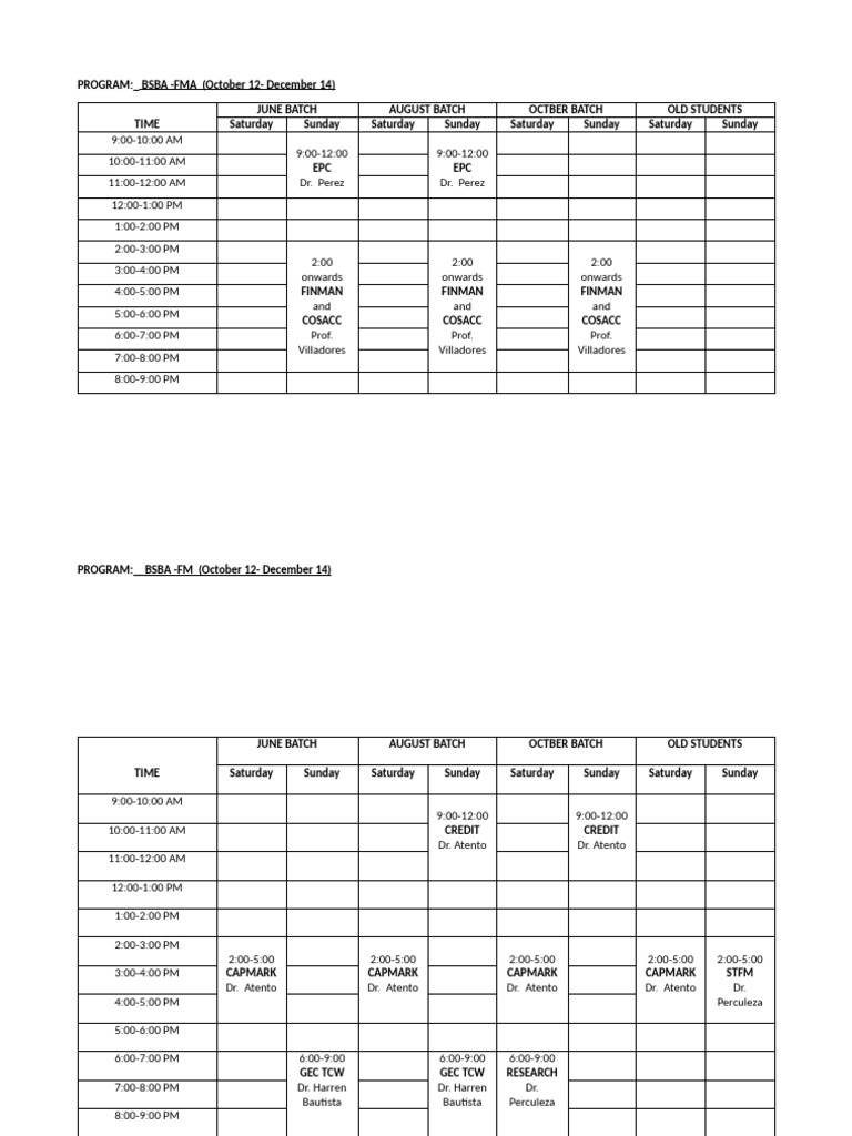 BSBA Program Schedule: Oct-Dec 2023 | PDF