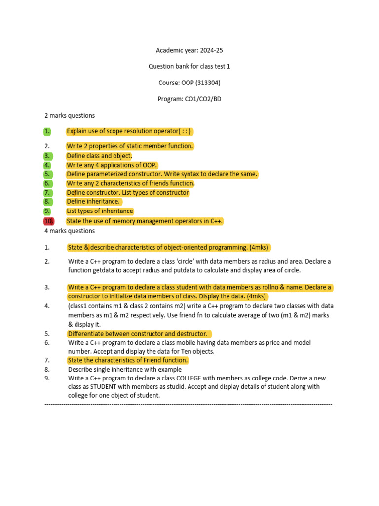 OOP Winter 2024 Question Bank | PDF | Technology & Engineering