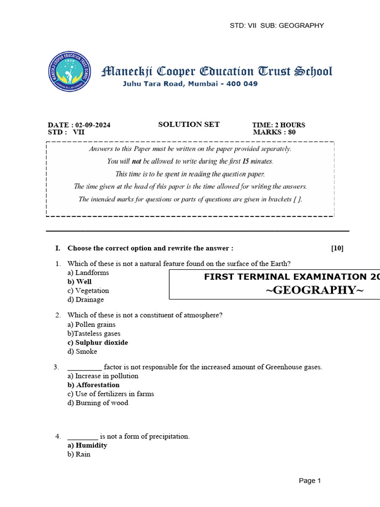 STD.7 - Geography Solution Set of First Terminal Exam Paper | PDF ...