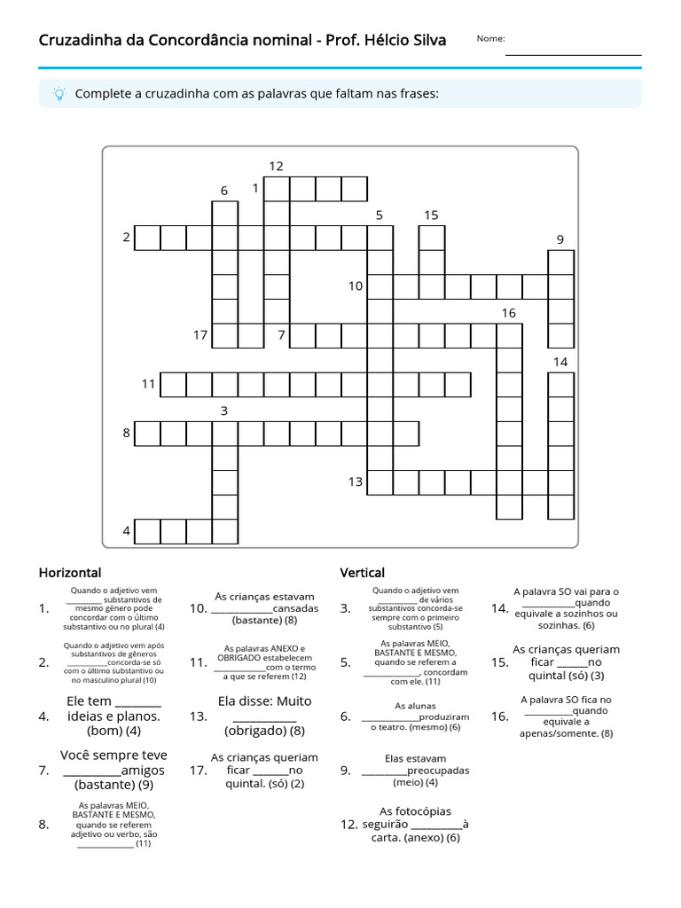 Cruzadinha Da Concordã Ncia Nominal Prof Hã©lcio Silva Palavras Cruzadas | PDF | Substantivo ...