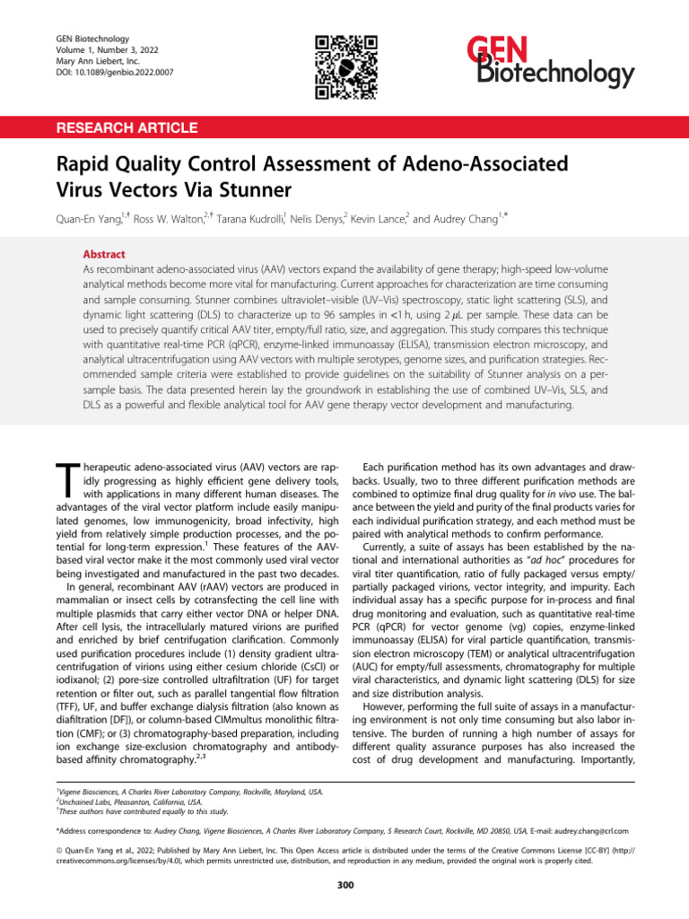 Rapid Quality Control Assessment of Adeno-Associated Virus Vectors Via Stunner - Genbio.2022. ...