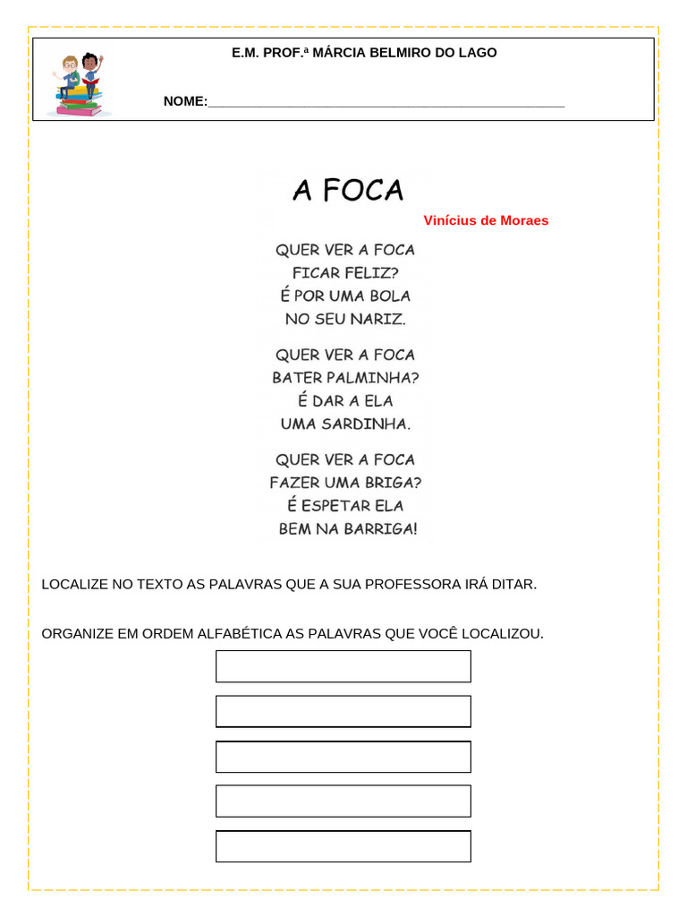 Atividades Com o Poema A Foca | PDF | Pinípede