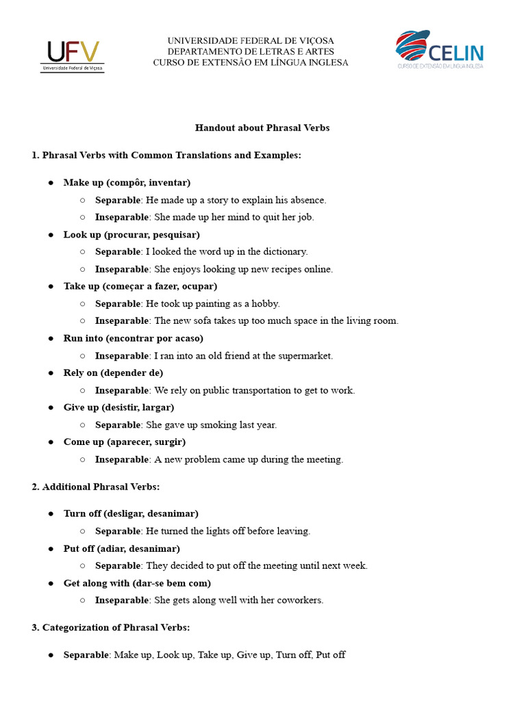 Handout About Phrasal Verbs For Level 3a | PDF | Syntax | Grammar