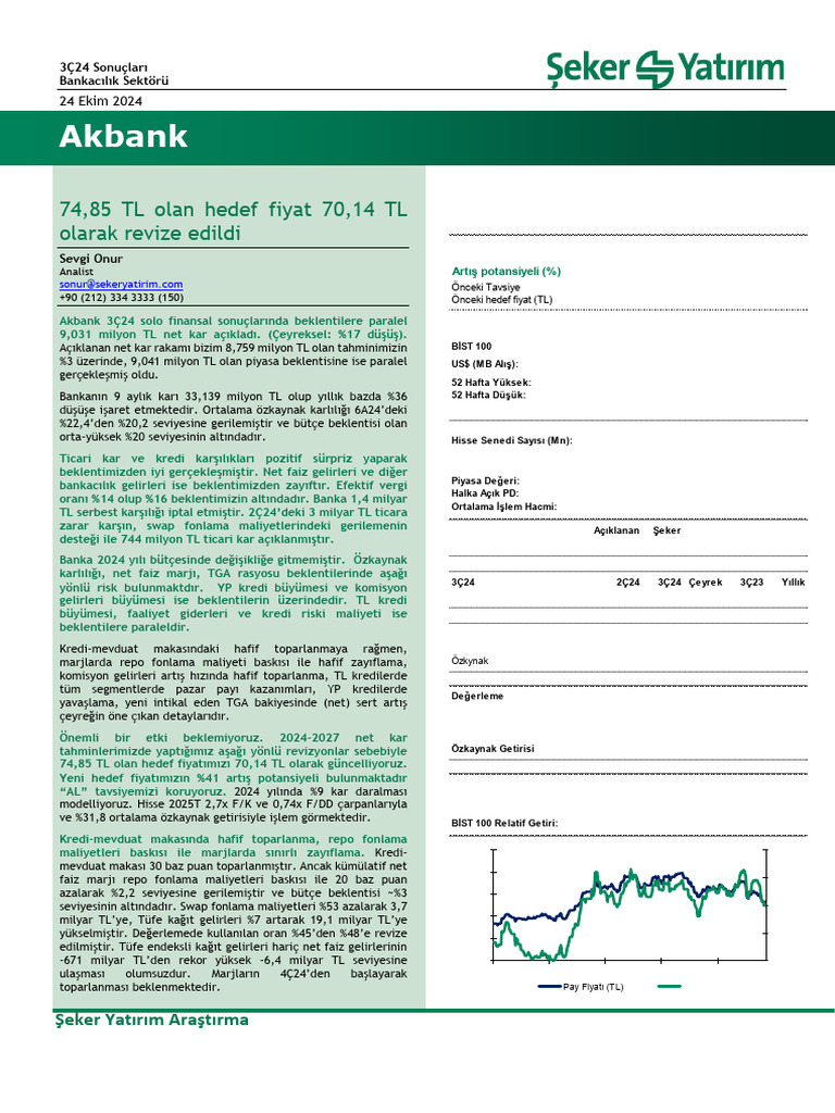 Akbank: 74,85 TL Olan Hedef Fiyat 70,14 TL Olarak Revize Edildi | PDF