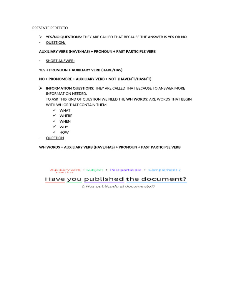 Presente Perfecto Question Guide | PDF