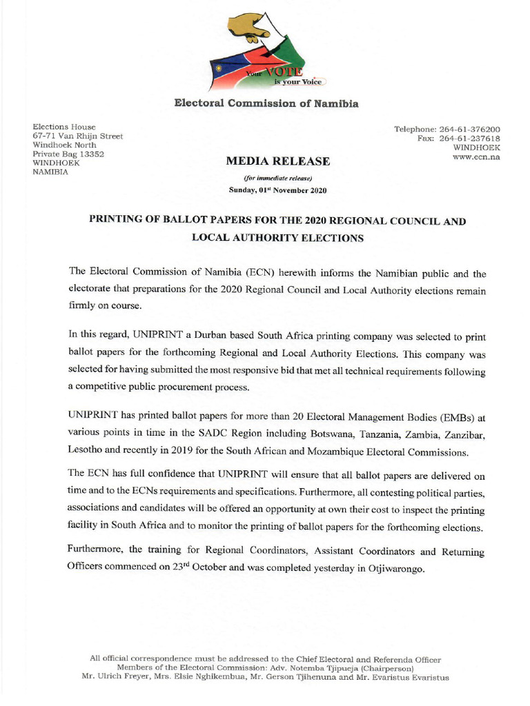 Media Release Printing of Ballot Papers For The 2020 Regional Council and Local Authority ...