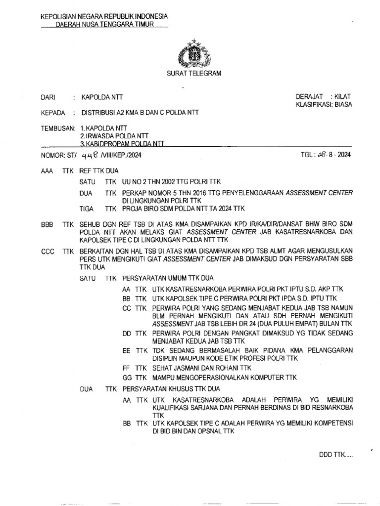 ST 448 - Pemberitahuan Pelaks Ac Kasatresnarkoba Dan Kapolsek Tipe C Ta 2024 | PDF