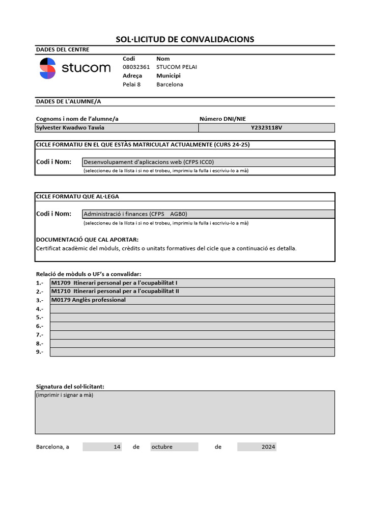 2024-25 Full Sol Licitud de Convalidacions (PELAI) | PDF