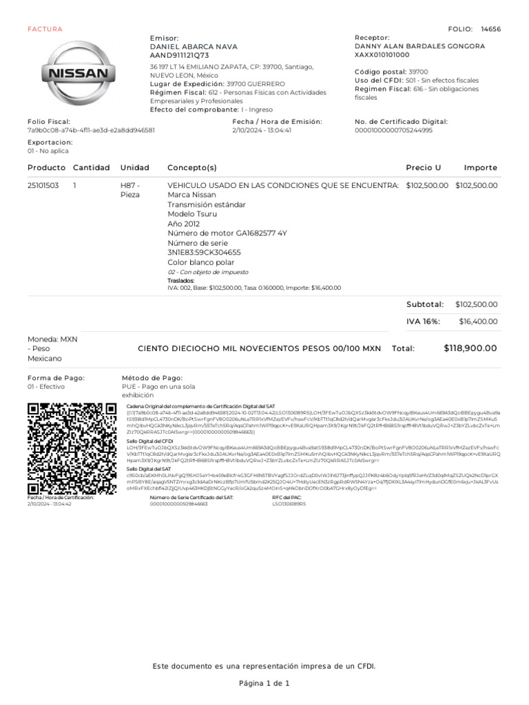 Factura 14656 XAXX010101000 | PDF