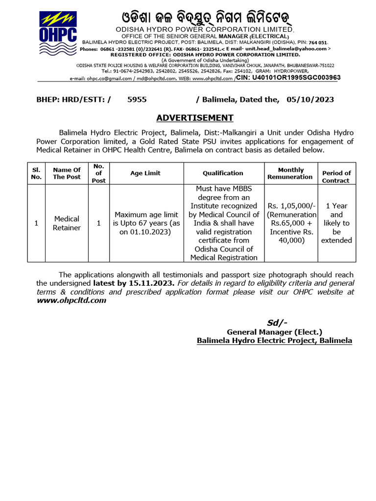 Advertisement: Bhep: Hrd/Estt: / 5955 / Balimela, Dated The, 05/10/2023 ...