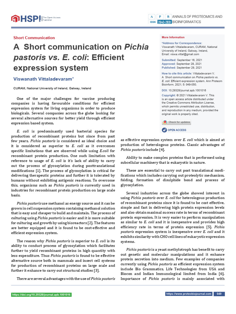 A Short Communication On Pichia Pastoris vs. E. Coli: Effi Cient ...