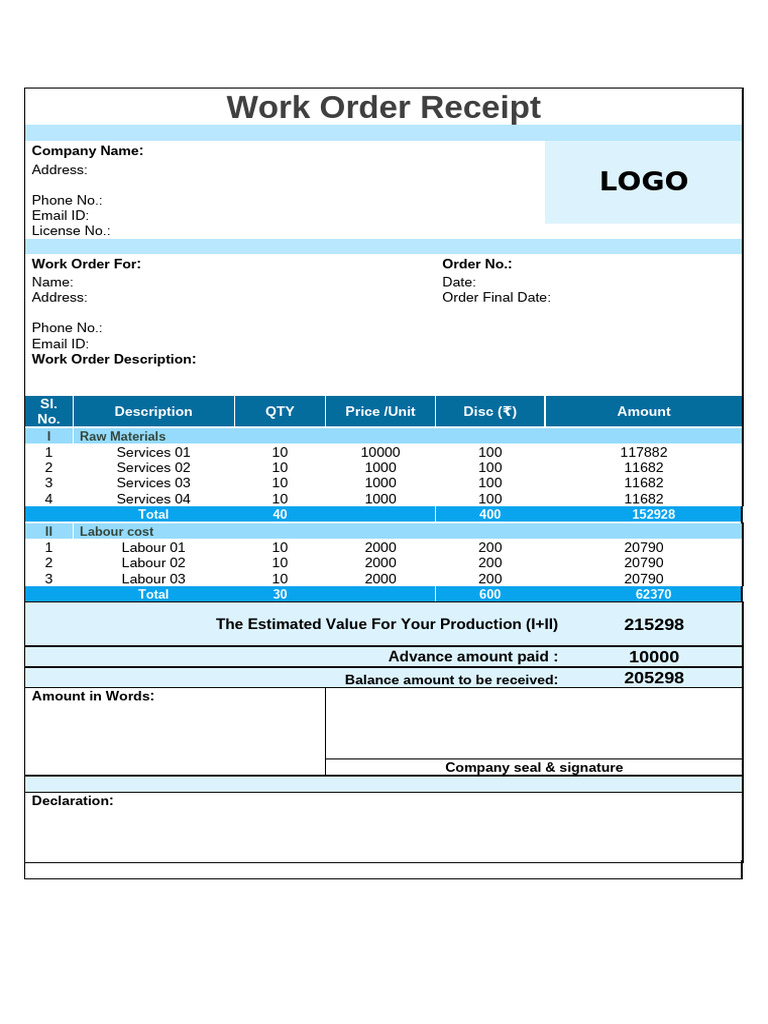 Work Order Reciept | PDF