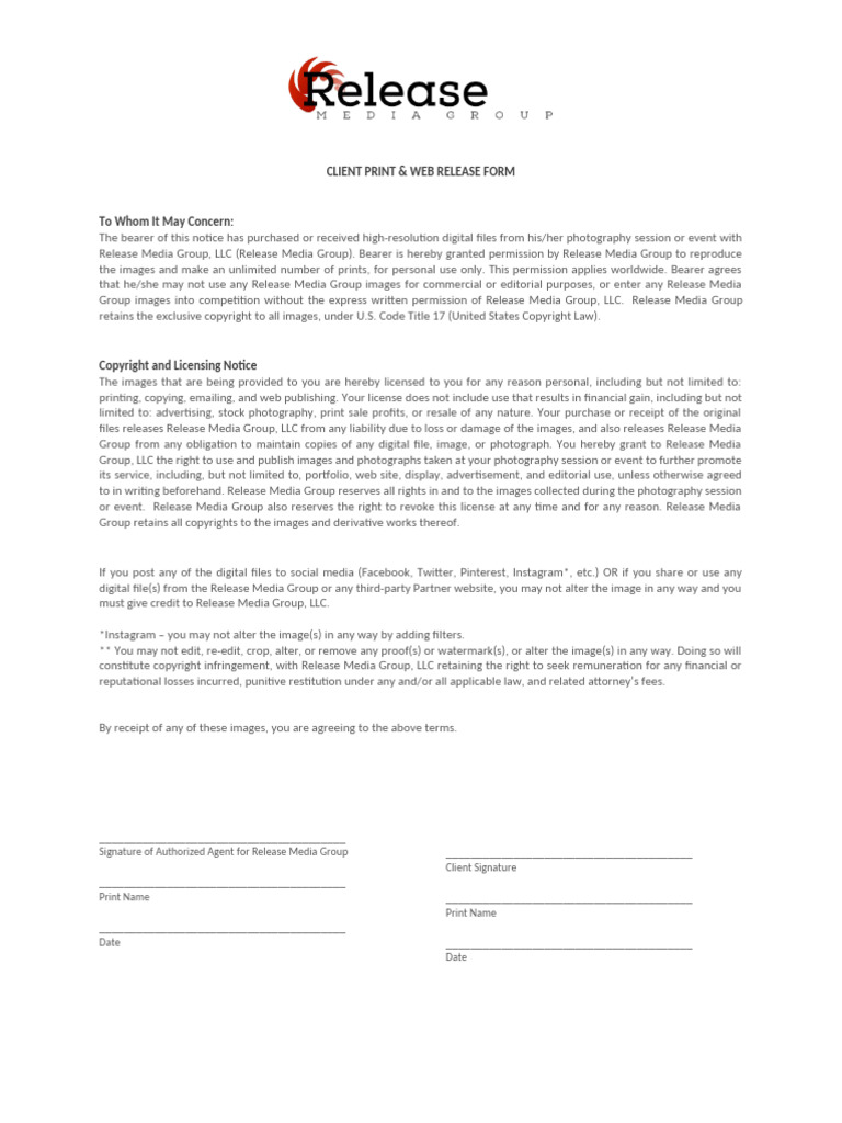 Client Print and Web Release Form V2.1 | PDF | Copyright | Limited ...