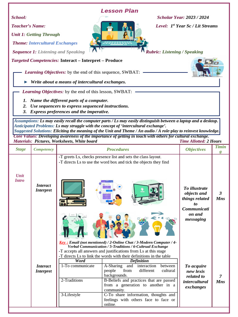 1.listening and Speaking Lesson Plan | PDF | Laptop | Communication