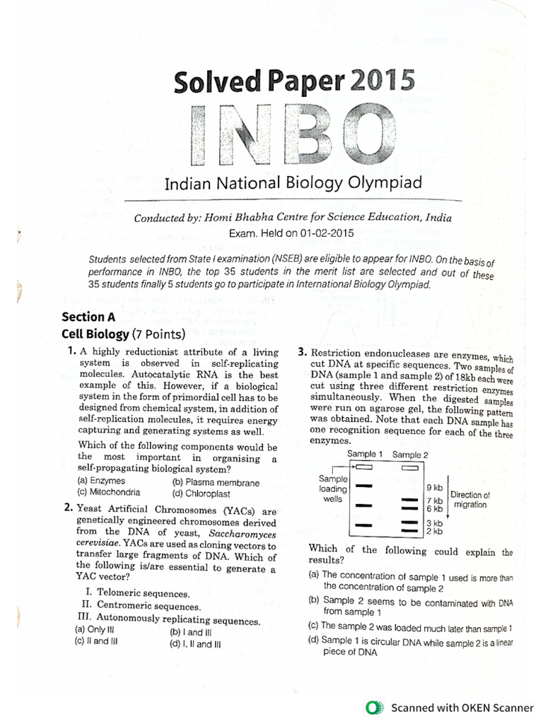 Biology Olympiad Solved Paper 2015 | PDF