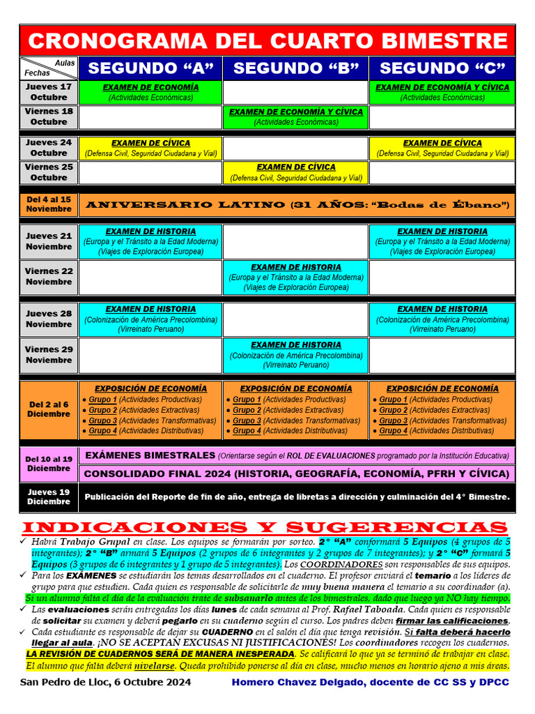 Cronograma Cuarto Bimestre Segundo Secundaria | PDF