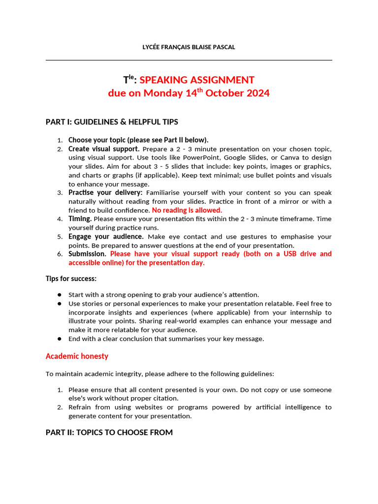 Tle - Higher Education - Speaking Assignment - Speaking Prompts | PDF | Educational Technology ...